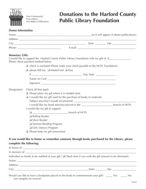 Memorials & Tributes Donation Form (pdf) - Harford County Public ...