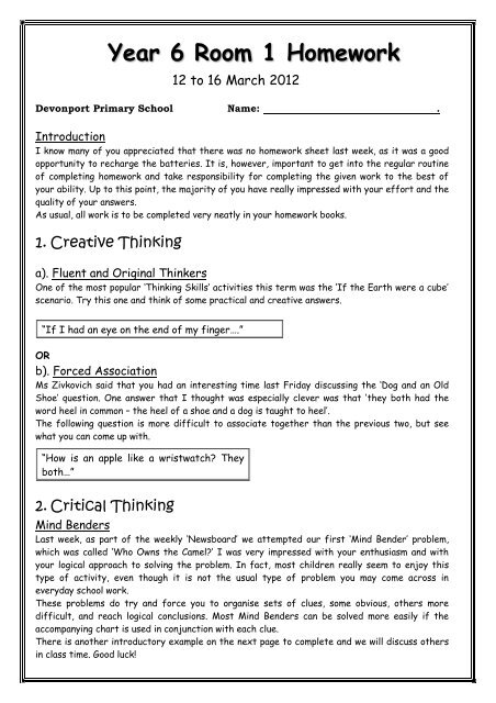 Year 6 Homework - Devonport Primary School