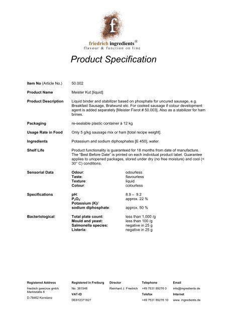Product Specification - Friedrich Ingredients