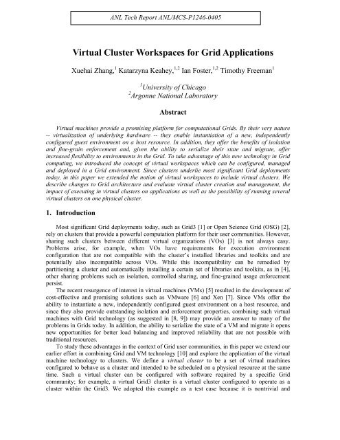 Virtual Cluster Workspaces for Grid Applications - Nimbus