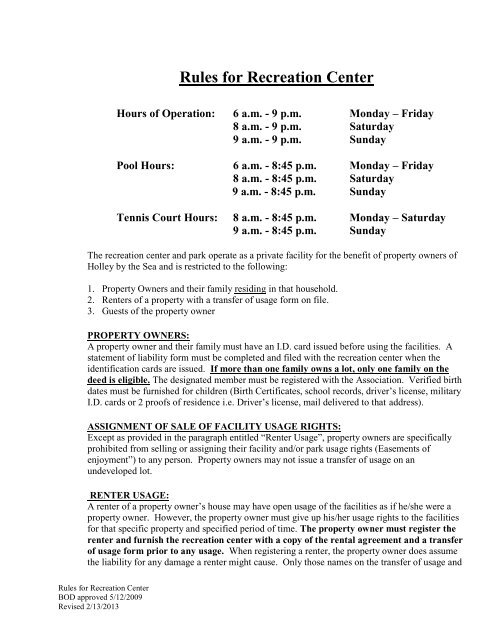 Rules for Recreation Center - Holley by the Sea