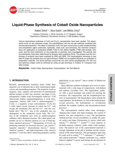 Liquid-Phase Synthesis of Cobalt Oxide Nanoparticles