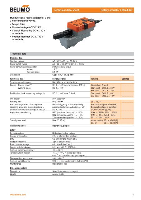 Technical data sheet Rotary actuator LR24A-MF - Belimo