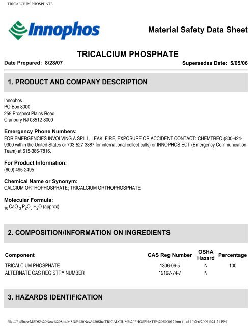 Material Safety Data Sheet TRICALCIUM PHOSPHATE - Innophos
