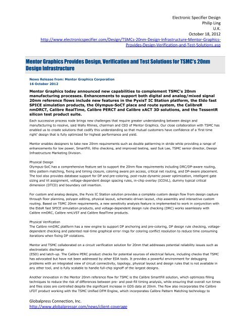 Mentor Graphics Provides Design, Verification and Test Solutions for ...