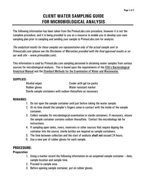 client water sampling guide for microbiological ... - PrimusLabs.com