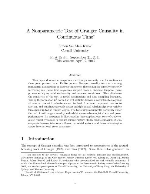 A Nonparametric Test Of Granger Causality In Continuous Time