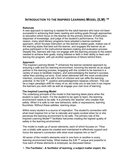 INTRODUCTION TO THE INSPIRED LEARNING MODEL (ILM) â