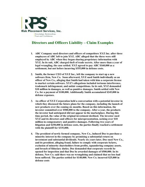 Directors and Officers Liability – Claim Examples