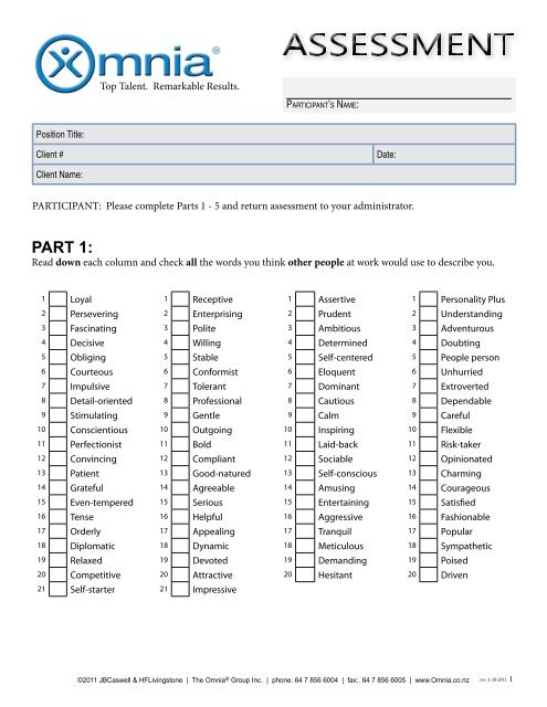 Selection Profile Form - The Omnia Group