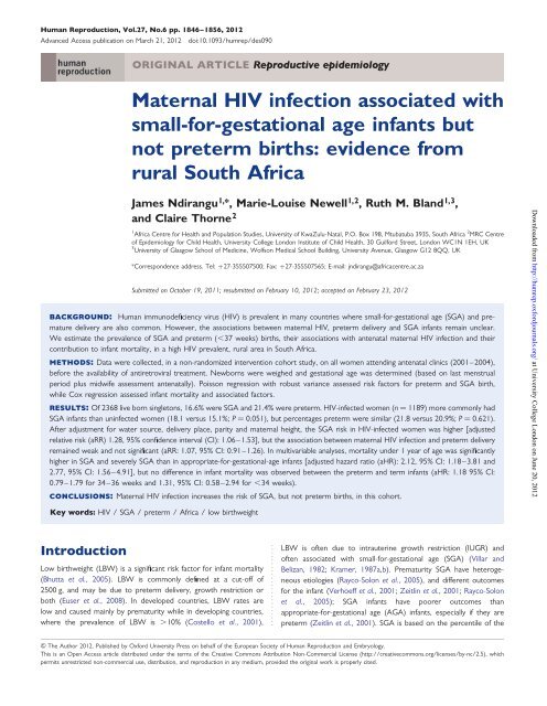 Maternal HIV infection associated with small-for-gestational age ...