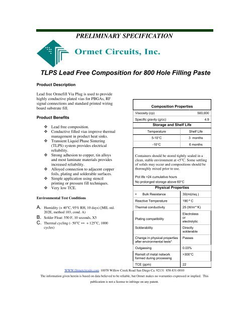 PRELIMINARY SPECIFICATION Ormet Circuits, Inc. TLPS Lead ...
