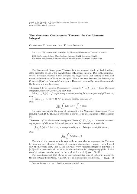 The Monotone Convergence Theorem for the Riemann Integral