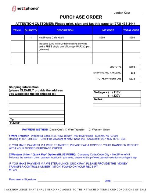 PURCHASE ORDER - Net2Phone