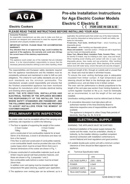 Pre-site Installation Instructions for Aga Electric Cooker Models ...