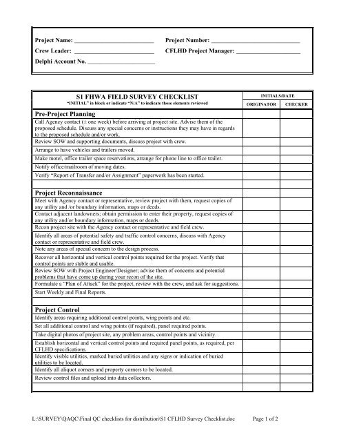 S1 FHWA FIELD SURVEY CHECKLIST Pre-Project Planning Project ...