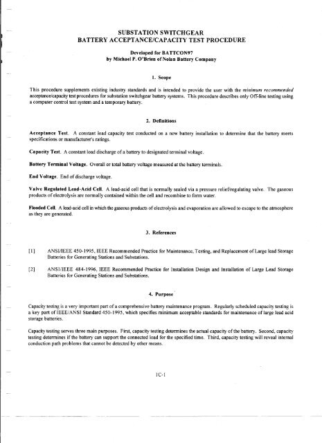 substation switchgear battery acceptance/capacity test procedure