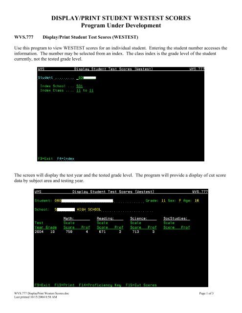 WVS.777 Display/Print Westest Scores - wveis