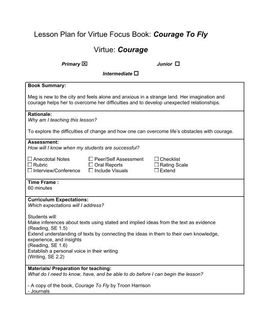 Lesson Plan for Virtue Focus Book: Courage To Fly Virtue: Courage