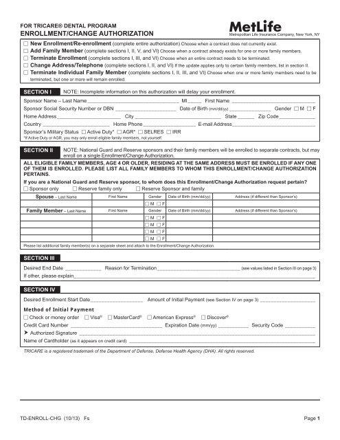TRICARE Dental Program Enrollment/Change ... - eForms - MetLife