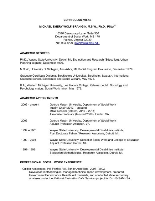 CURRICULUM VITAE MICHAEL WOLF-BRANIGIN, M.S.W., Ph.D ...