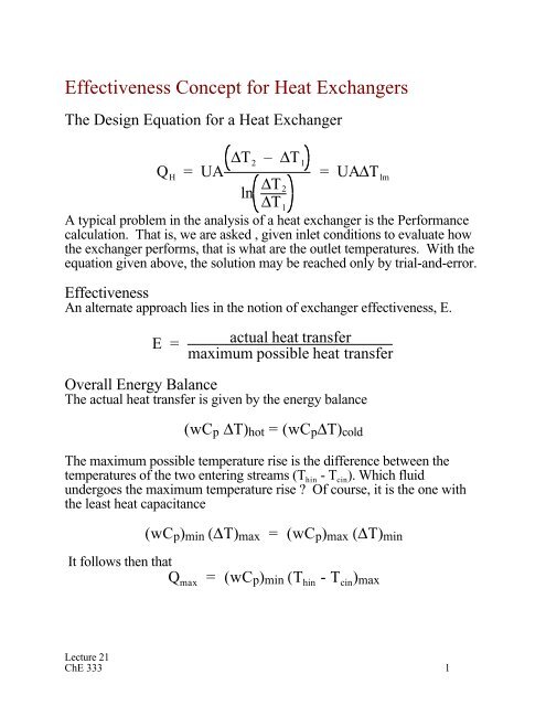 Effectiveness Concept for Heat Exchangers