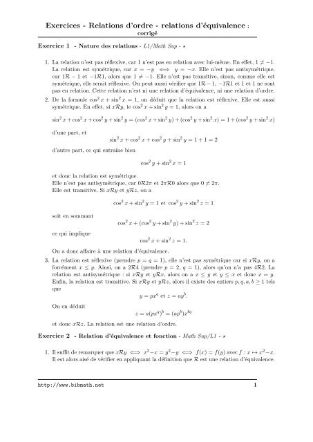 Exercices - Relations d'ordre - relations d'Ã©quivalence : - Bibmath