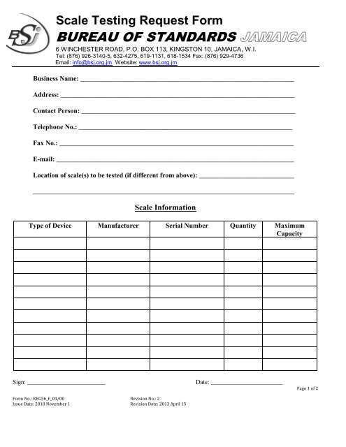 Scale testing request application form - Bureau of Standards Jamaica