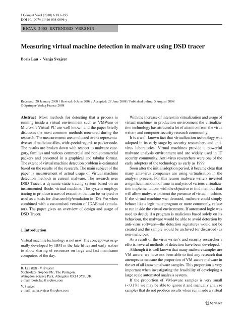 Measuring virtual machine detection in malware using DSD tracer