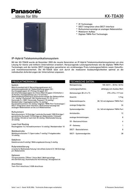 Datenblatt: KX-TDA30 - Tecotec