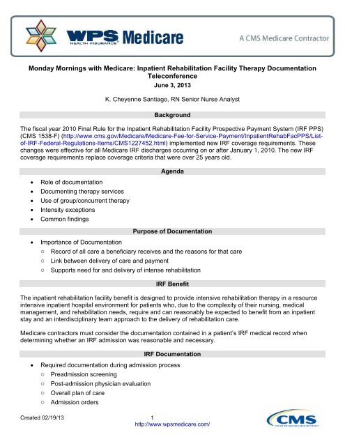 06/03/13 Inpatient Rehabilitation Facility (IRF ... - WPS Medicare