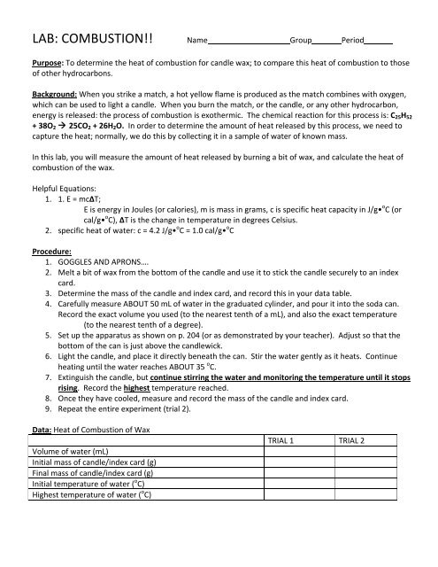 Heat Of Combustion Lab