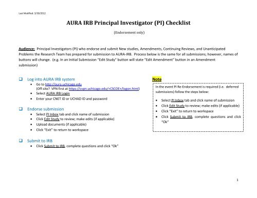 AURA IRB Principal Investigator (PI) Checklist