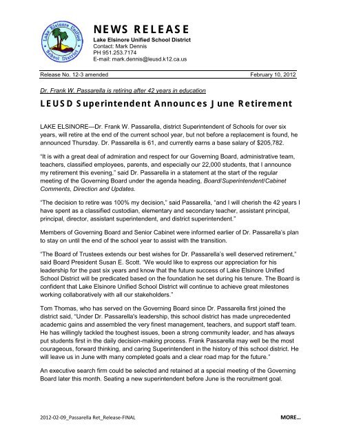 Frank W. Passarella - Lake Elsinore Unified School District