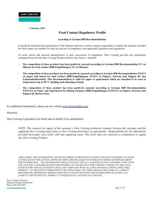 Food Contact EU - German BfR XV-XXXVI-XXXVI-2 XIAMETER brand