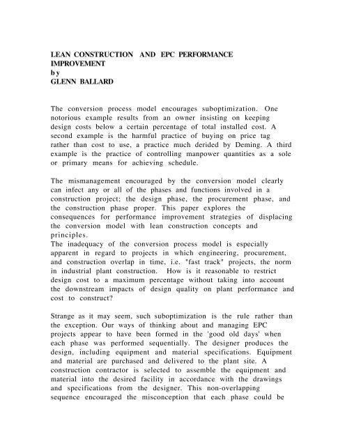 Lean Construction and EPC Performance Improvement