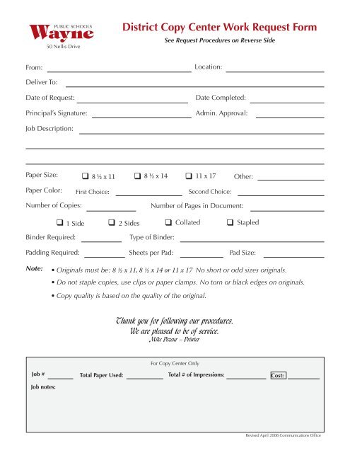 District Copy Center Work Request Form - Wayne NJ Public Schools