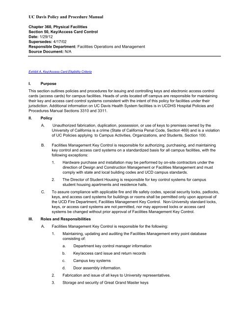 360-50, Key/Access Card Control - UC Davis Administrative Policies ...