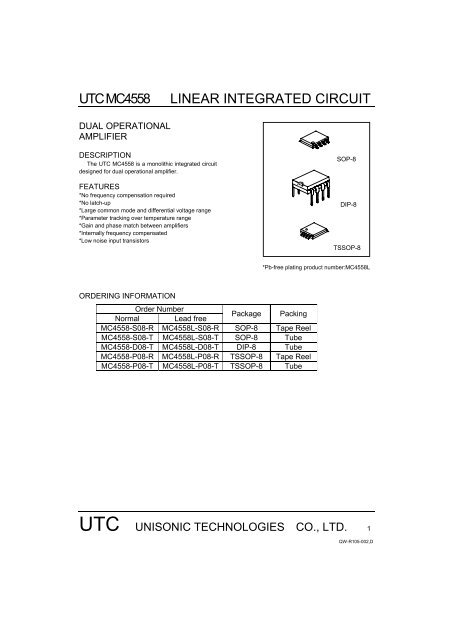 UTC MC4558 LINEAR INTEGRATED CIRCUIT