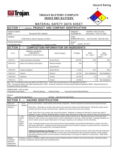 trojan battery company moist dry battery material safety data sheet