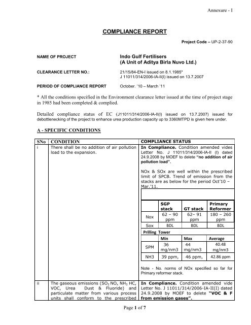 Environment Clearance Compliance Report - Aditya Birla Nuvo, Ltd