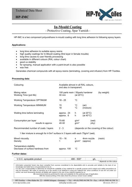 Product data sheet HP-IMC - HP-Textiles