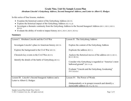 Grade Nine, Unit Six Sample Lesson Plan - Common Core