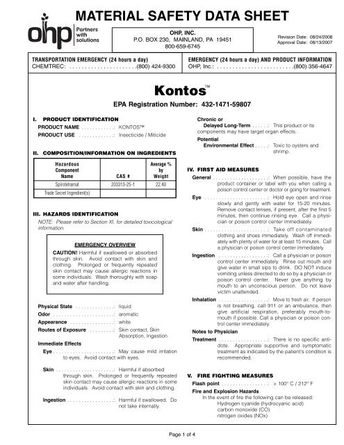 Kontos™ MATERIAL SAFETY DATA SHEET - OHP, Inc.