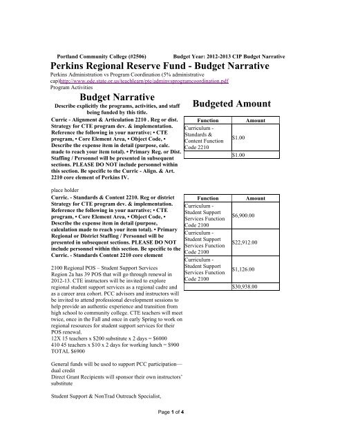 Basic Grant Budget Narrative Portland Community College Basic Grant Budget Narrative Portland Community College