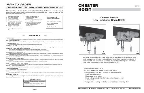 Chester Hoist Electric Chain Hoists Low Headroom ELC
