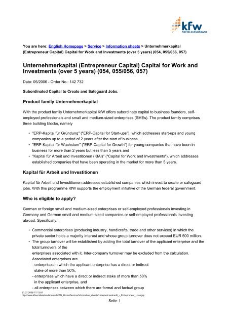 Data sheet entrepreneur capital for work and investment 2008