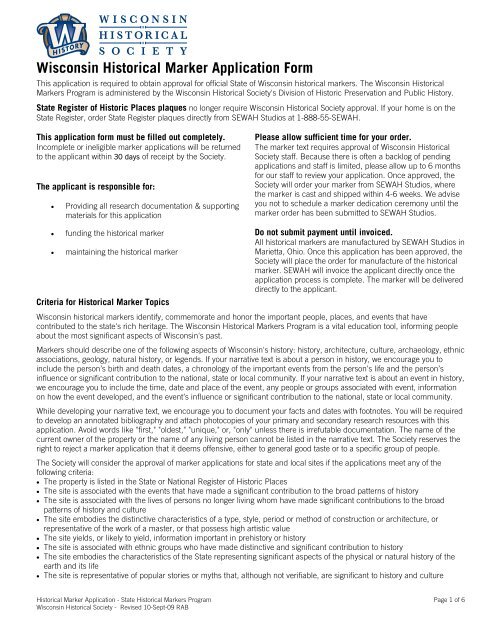 Historical Marker Application Form - Wisconsin Historical Society