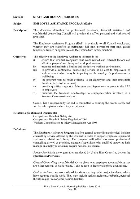 Employee Assistance Program (EAP) - Uralla Shire Council