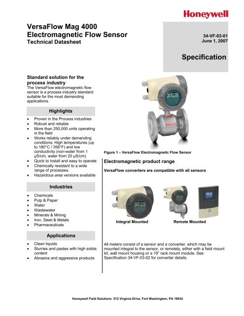 VersaFlow Mag 4000 Electromagnetic Flow Sensor ... - Honeywell